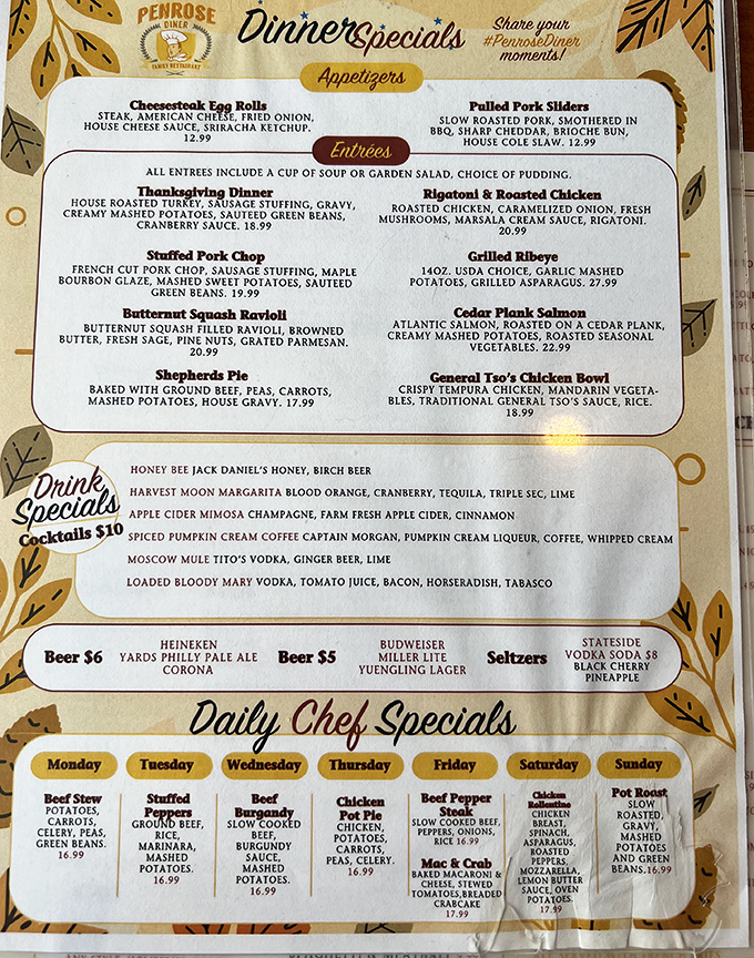 The menu reads like a love letter to comfort food, with daily specials that rotate like the seasons but always circle back to what makes your stomach happiest.