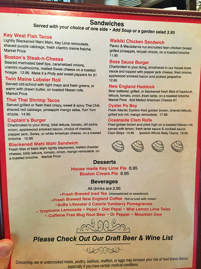 A menu that reads like a love letter to seafood enthusiasts. The Twin Maine Lobster Roll offers a crucial life decision: cold with mayo or warm with butter?