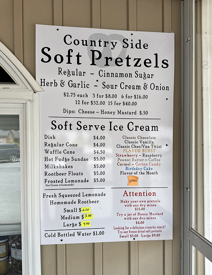 The menu board reveals the holy grail of pretzel options. Like a treasure map where X marks the spot&mdash;and X is made of delicious dough.