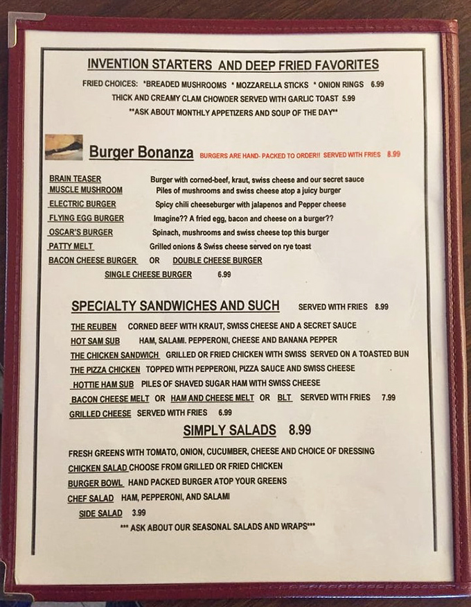The menu reads like a love letter to comfort food, featuring cleverly named creations like the "Brain Teaser Mushroom" burger that would make Edison proud.