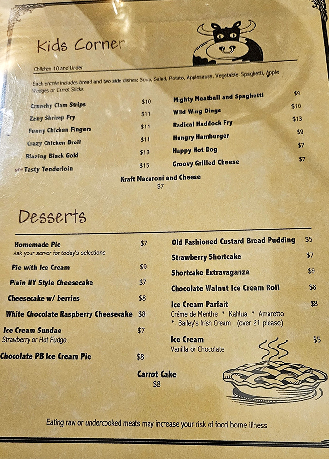 The kids' menu featuring "Wild Wing Dings" and "Groovy Grilled Cheese" proves great steakhouses know how to keep the whole family happy.