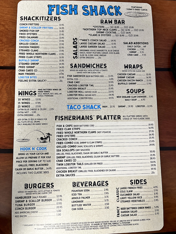 This menu isn't just a list&mdash;it's a treasure map. "Shackitizers" and "Fisherman's Platter" aren't just cute names; they're gateways to happiness.