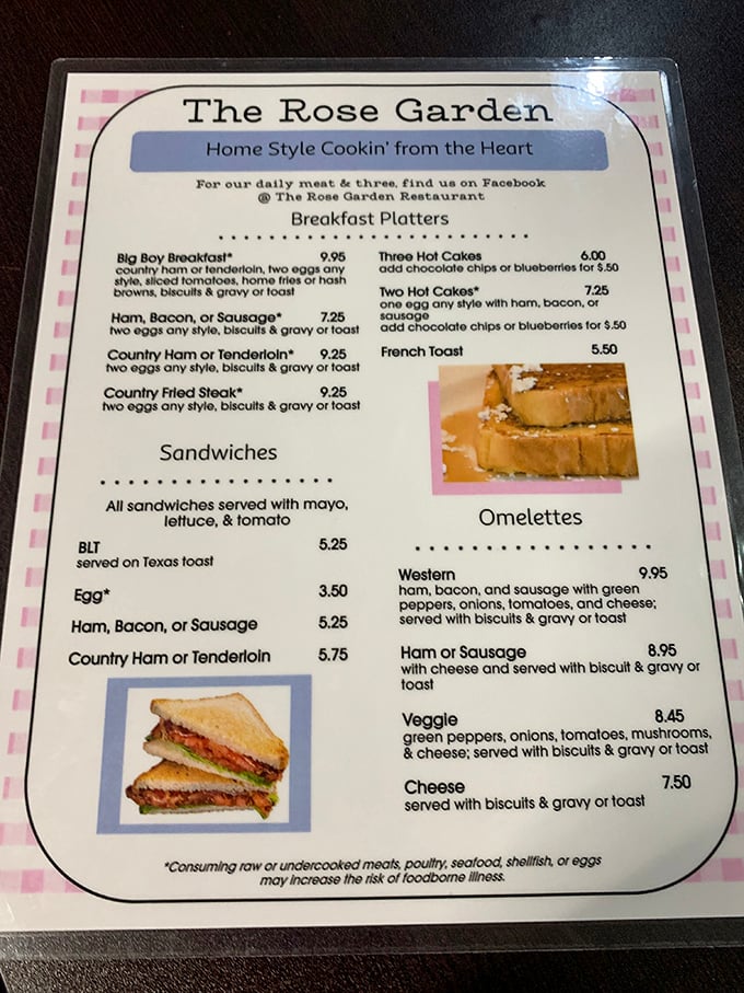 A menu that reads like a love letter to Southern cooking. No molecular gastronomy here, just promises of satisfaction.