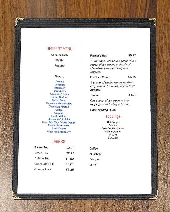 This menu isn't just a list &ndash; it's a roadmap to dairy paradise with temptations like Farmer's Hat sundaes and fried ice cream that'll make your diet plans evaporate.