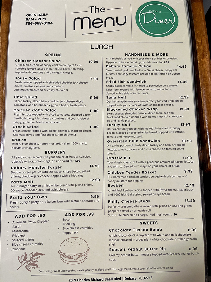 Menu: The holy scripture of comfort food&mdash;where the "DeBary Famous Cuban" isn't just menu marketing, but a promise that's actually kept between two perfectly pressed slices of bread.