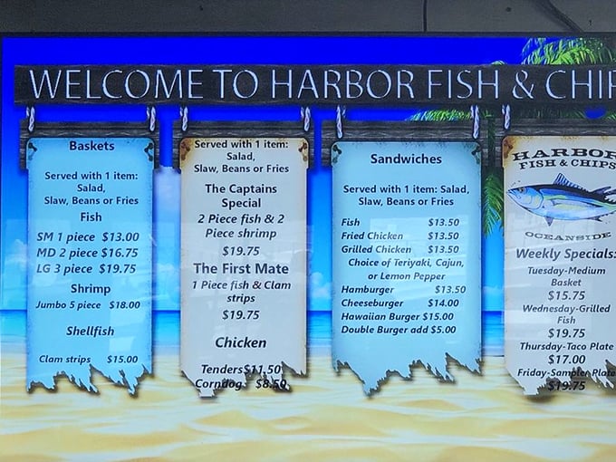 The menu board – a maritime manifesto of deliciousness. Simple choices, extraordinary results, and weekly specials that locals plan their schedules around.