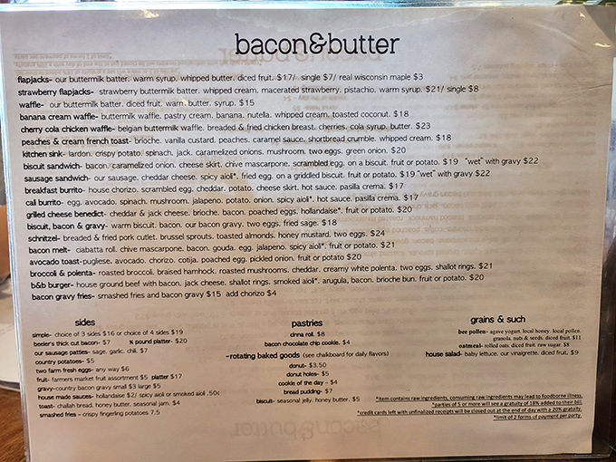 A menu that reads like poetry for the perpetually hungry. Each line promises a different path to breakfast bliss&mdash;choose your adventure wisely.