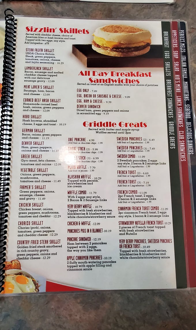 The menu's "Sizzlin' Skillets" section reads like poetry to the breakfast-obsessed, with options from Lumberjack to Chorizo that could fuel an entire day's adventures.