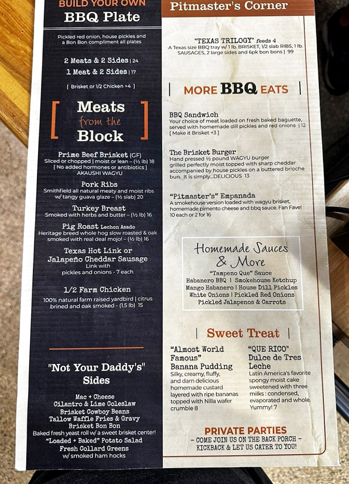 This menu isn't just a list&mdash;it's a roadmap to happiness. The "Texas Trilogy" isn't a Western film, it's your ticket to meat nirvana.