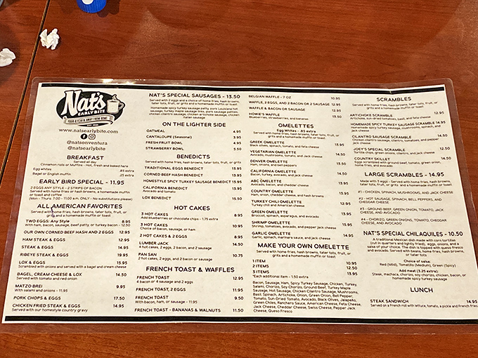 The menu at Nat's reads like a greatest hits album of American breakfast classics, each one executed with decades of diner wisdom.