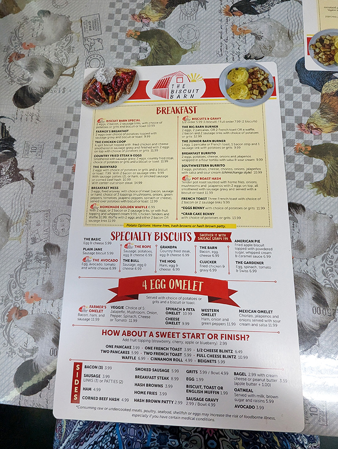 This menu isn't just a list of options&mdash;it's a roadmap to happiness. The "Specialty Biscuits" section alone deserves its own ZIP code.