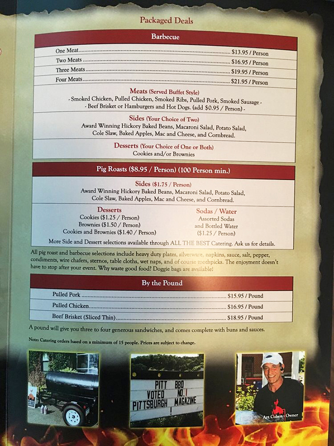 The menu reads like a love letter to smoked meats. Notice they offer pig roasts&mdash;for when feeding a small army is your goal.