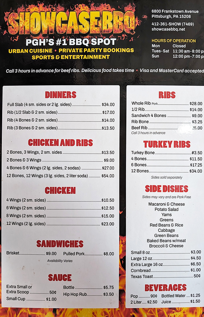 The menu board reads like a love letter to smoked meat enthusiasts. Turkey ribs steal the spotlight, but there's not a wrong choice to be made.