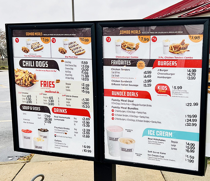 This menu board isn't just listing food items &ndash; it's offering a roadmap to happiness, one chili-smothered treasure at a time.