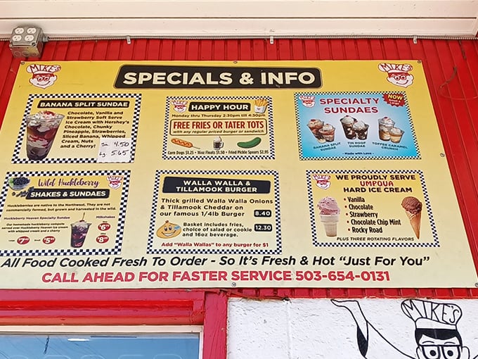 This menu board is basically a roadmap to happiness, with wild huckleberry shakes and Walla Walla onion burgers stealing the spotlight.