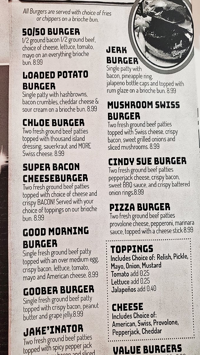 A menu that reads like a love letter to American comfort food. The Goober Burger alone is worth the drive to Somerset.