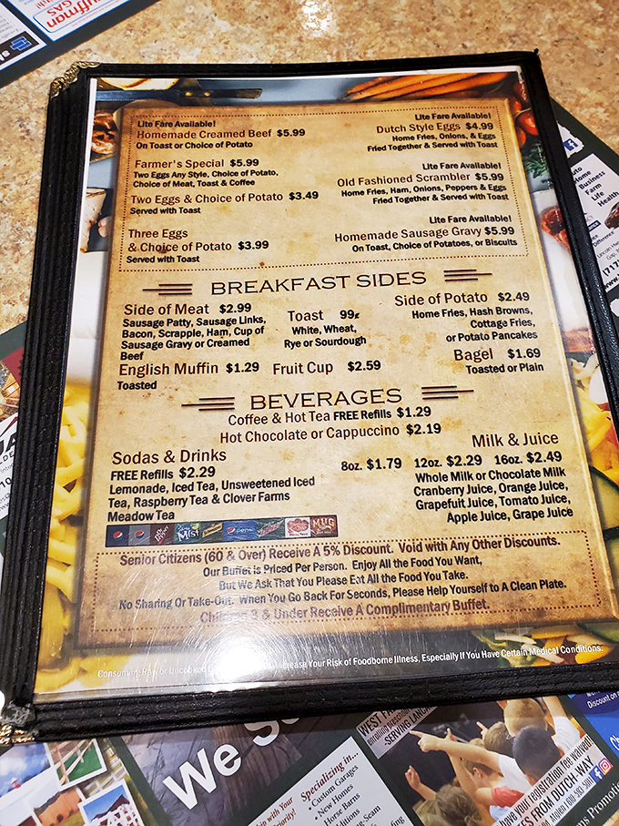 A menu that reads like a love letter to breakfast classics. Notice the free coffee refills&mdash;a small kindness that speaks volumes about Pennsylvania hospitality.