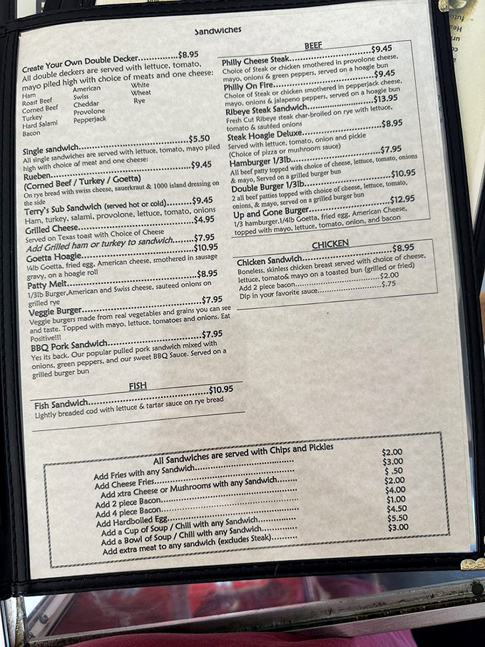 This menu isn't just a list of food—it's a roadmap to happiness with the goetta hoagie as your delicious destination.