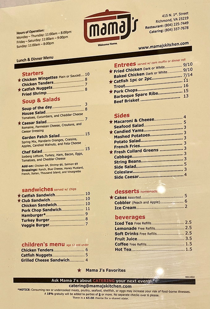 This menu isn't just a list of dishes&mdash;it's a roadmap to soul food paradise. Star items marked like treasures on a delicious map.