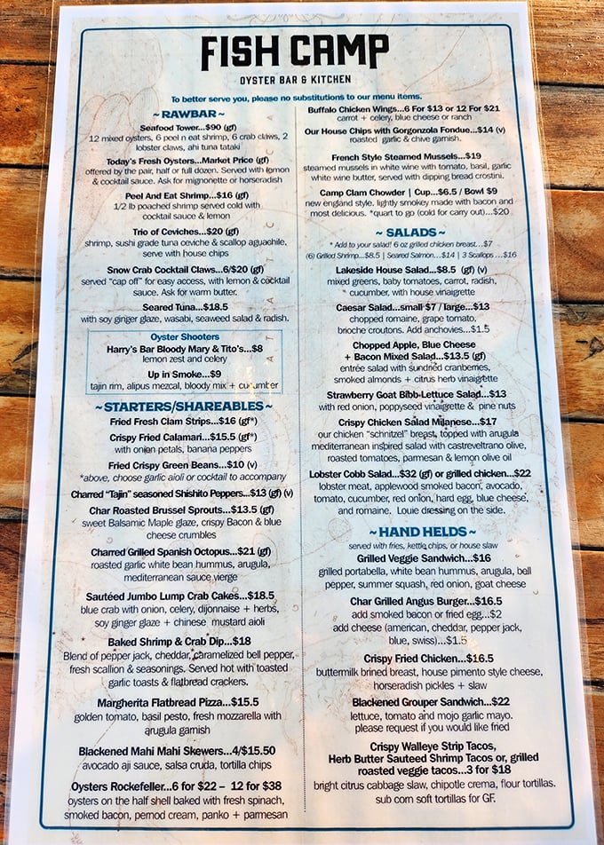 A menu that reads like poetry to seafood lovers. Notice how they don't waste precious space on boring food&mdash;this is a serious commitment to oceanic delights.