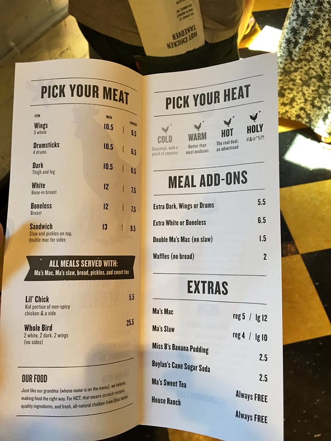 Life's important decisions made simple: pick your meat, pick your heat. The menu's straightforward approach lets the chicken be the star.