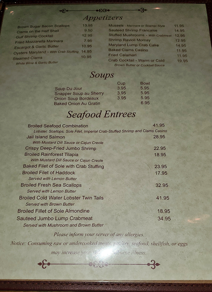 The menu reads like poetry for seafood lovers. Each dish promises ocean-fresh delights prepared with classic techniques that have stood the test of time.