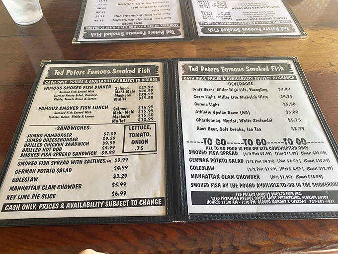 A menu that hasn't changed since bell-bottoms were in fashion the first time. Cash only, availability subject to change, and worth every dollar.