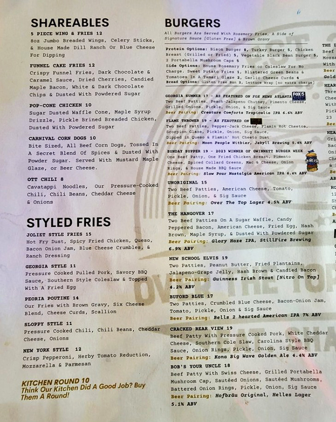 This isn't just a menu&mdash;it's a roadmap to flavor paradise. Each burger comes with its own beer pairing, like a culinary matchmaking service.