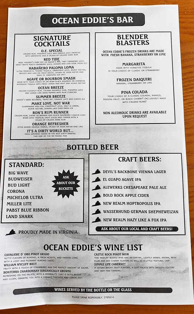 The drink menu reads like a coastal vacation bucket list—from the Red Tide cocktail to local craft beers that taste like Virginia in a glass.