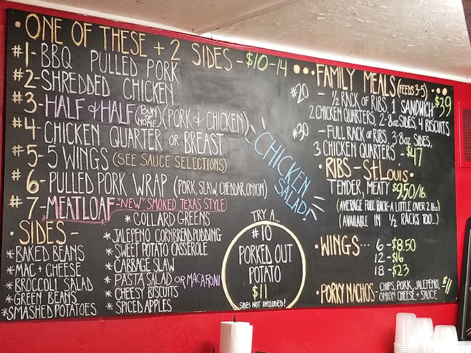 A chalkboard menu that reads like a love letter to meat lovers. No fancy fonts needed when the food speaks this eloquently.