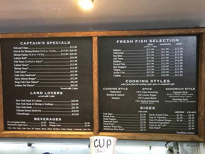 A menu board that doesn't need fancy fonts or photos&mdash;just the straight talk of fresh catches and cooking styles that let quality shine.