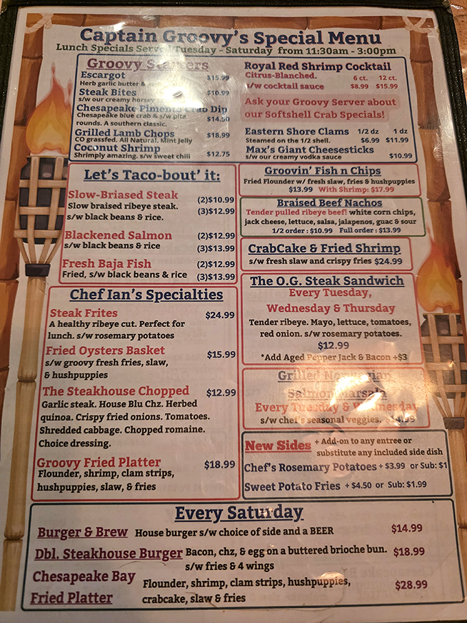 The menu reads like a love letter to the Chesapeake Bay, with "Groovy Starters" and seafood treasures that make decision-making deliciously difficult.