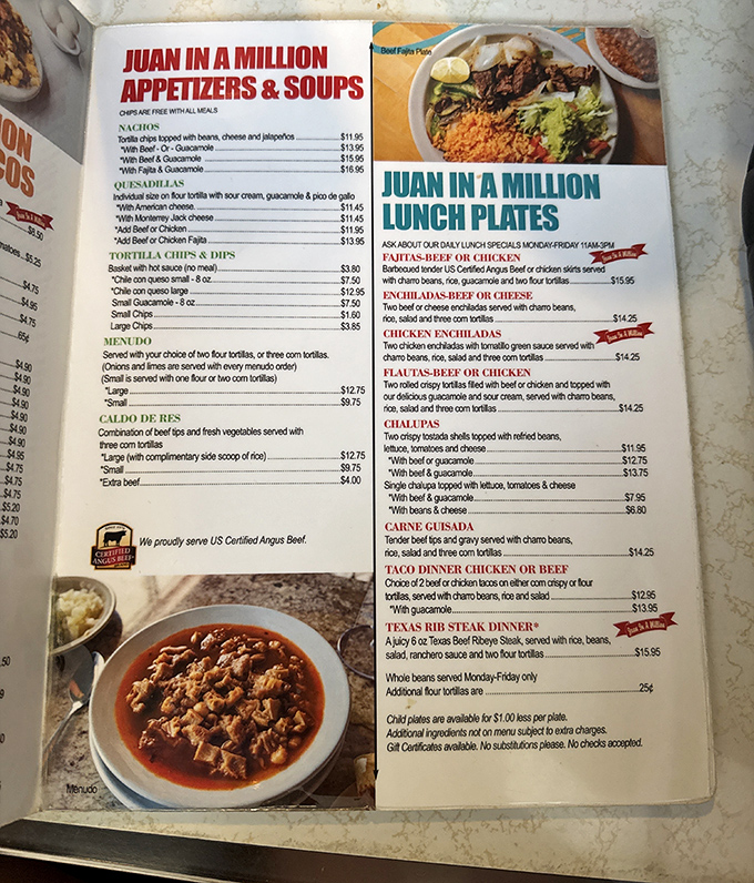 The menu reads like a love letter to Tex-Mex classics, with each description promising a flavor fiesta worth every calorie.