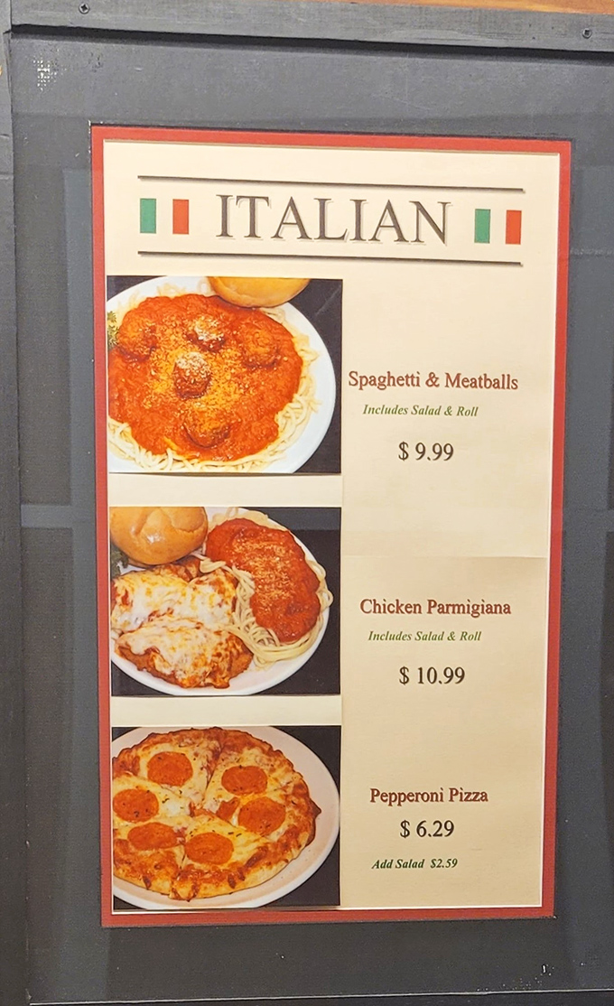 The Italian menu board showcases comfort classics at prices that won't make your wallet weep. Spaghetti and meatballs: the hug you didn't know you needed.
