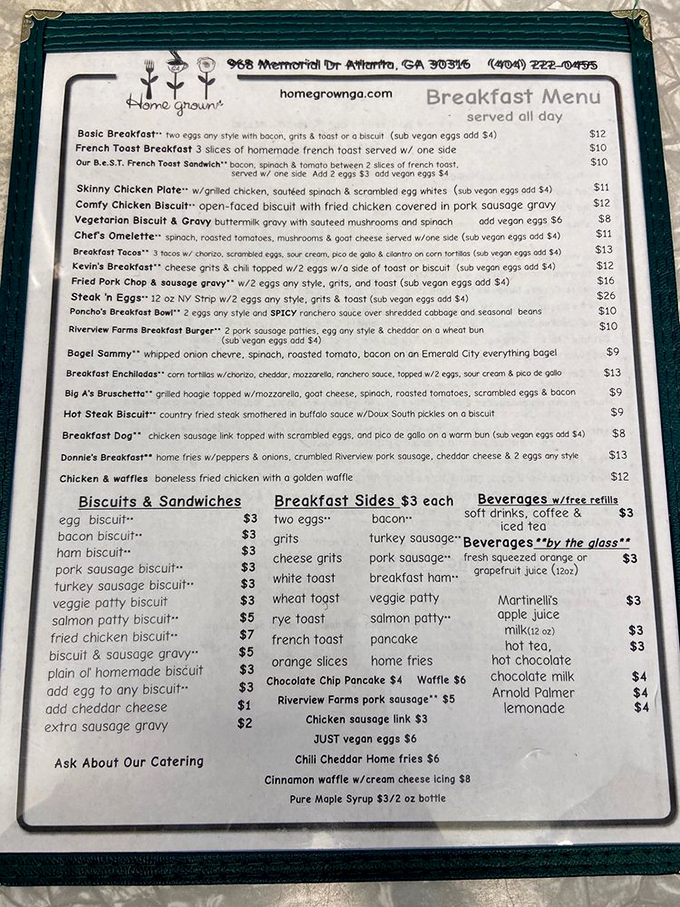 A menu that reads like a love letter to Southern breakfast traditions. The hardest decision you'll make today is choosing just one thing.