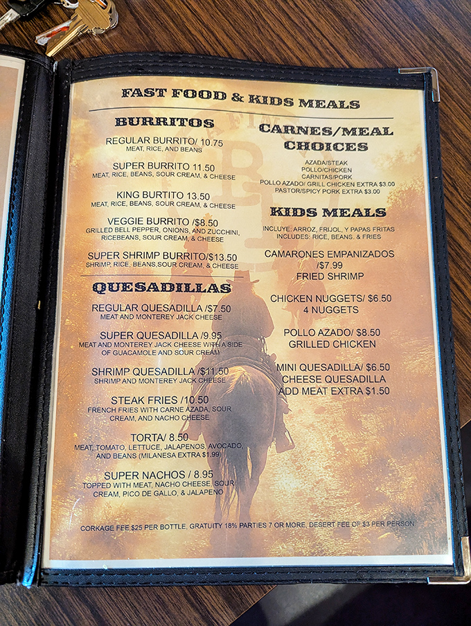 The menu reveals La Finca's Mexican food offerings &ndash; from king burritos to shrimp quesadillas &ndash; proving this steakhouse has range beyond beef.