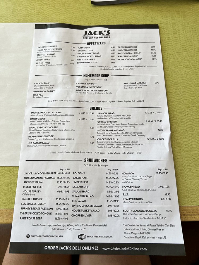 The menu at Jack's reads like a love letter to deli classics. Good luck choosing just one &ndash; I've seen marriages require less commitment.