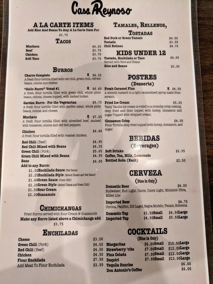 The menu reads like a love letter to traditional Mexican cuisine, featuring that legendary green chili burrito everyone raves about.