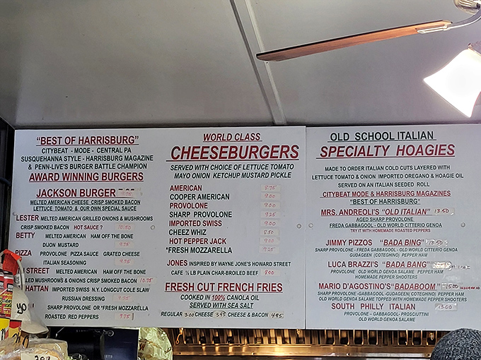 The menu board tells a story of sandwich perfection &ndash; no fancy fonts or pretentious descriptions, just straightforward deliciousness waiting to be ordered.