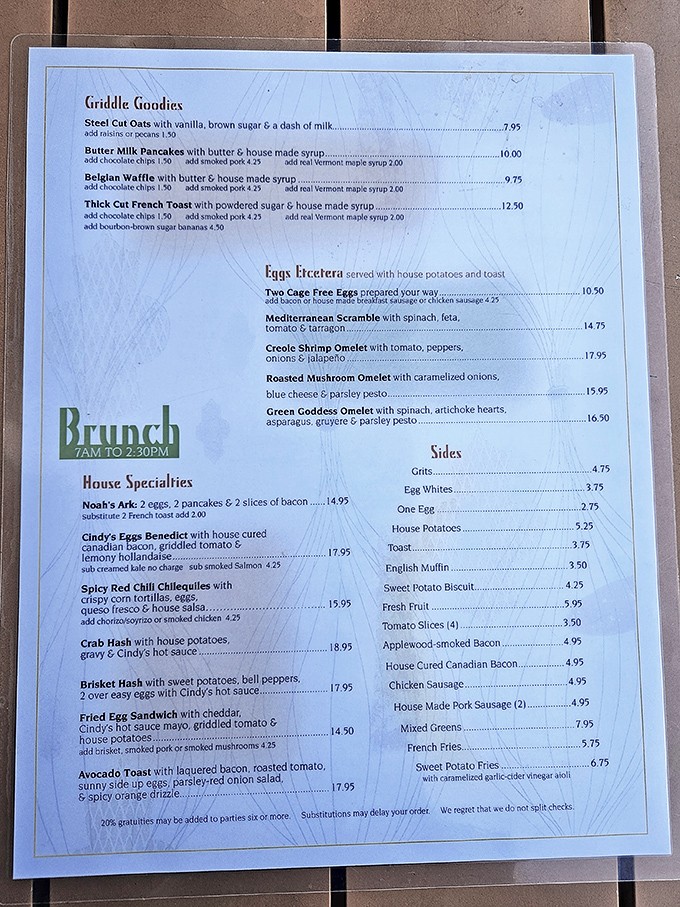 This menu reads like a love letter to breakfast classics. The "Thick Cut French Toast" description is like calling the Grand Canyon "a pretty big hole."