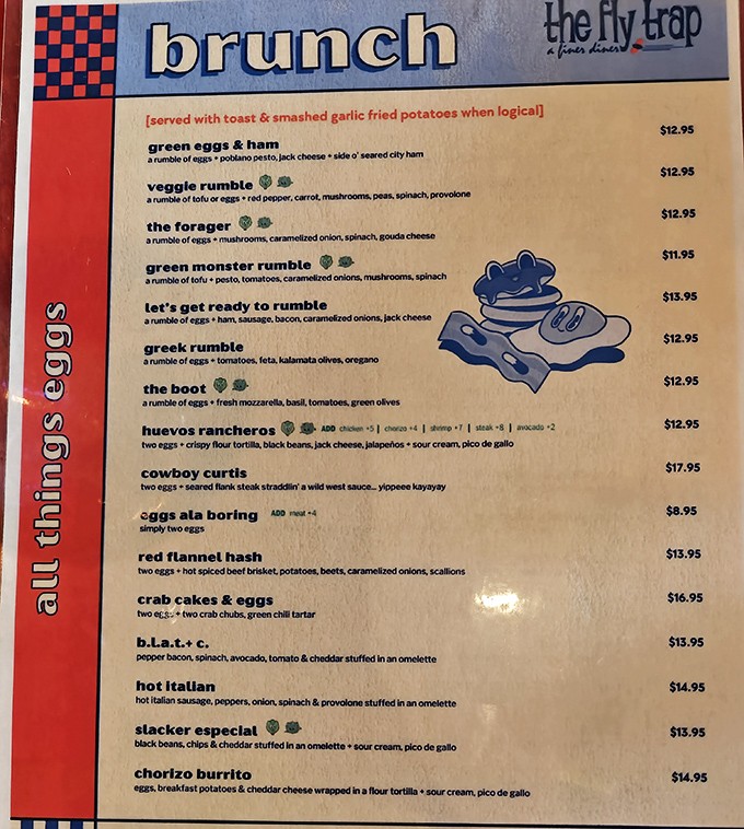 A menu that reads like poetry for the hungry. "Eggs ala Boring" proves even their simplest dishes come with a side of personality.