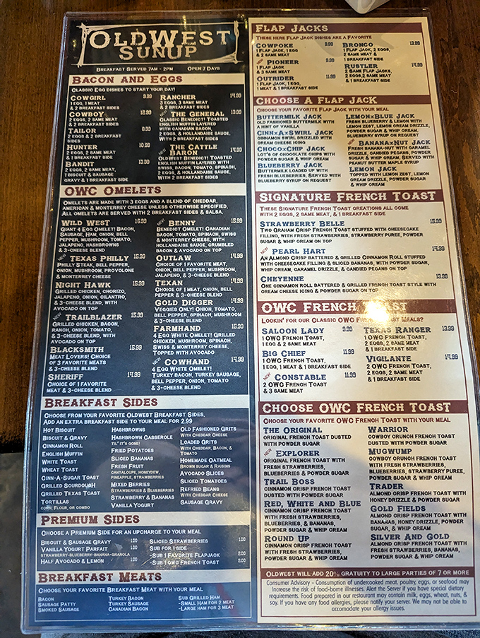 The menu reads like a love letter to breakfast enthusiasts&mdash;each section promising comfort food with names that would make John Wayne proud.