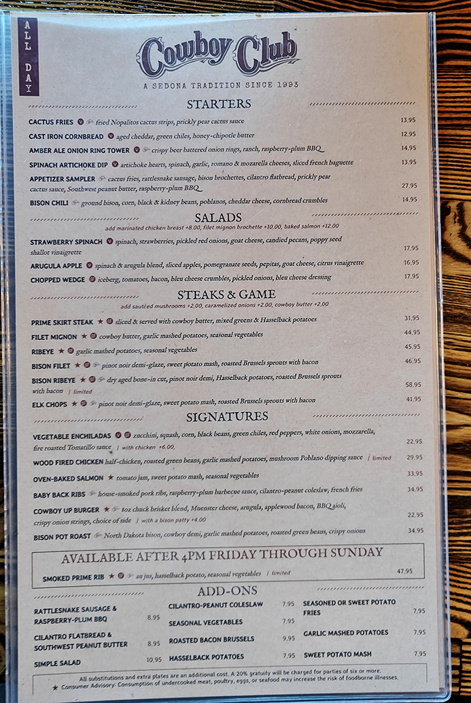 A menu that reads like a Western adventure novel &ndash; from cactus fries to bison ribeye, each dish tells a story of the Southwest.