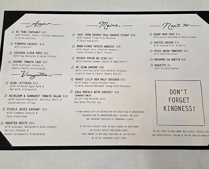 This isn't just a menu&mdash;it's a love letter to North Carolina ingredients with "Don't Forget Kindness" as the perfect dessert.