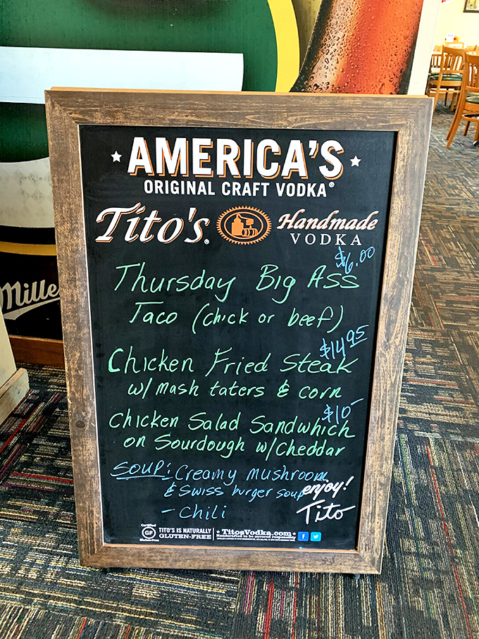 Thursday's specials board promises comfort food glory. That "Big A** Taco" isn't just a name&mdash;it's a commitment.