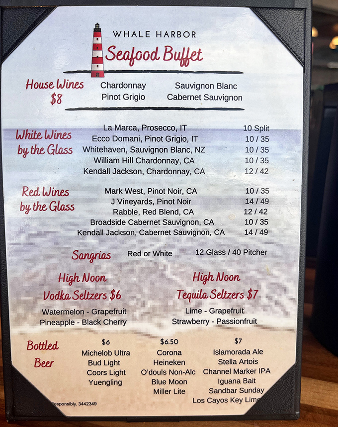 The drink menu reads like a vacation permission slip &ndash; sangria, seltzers, and local brews to wash down those mountains of crab legs.