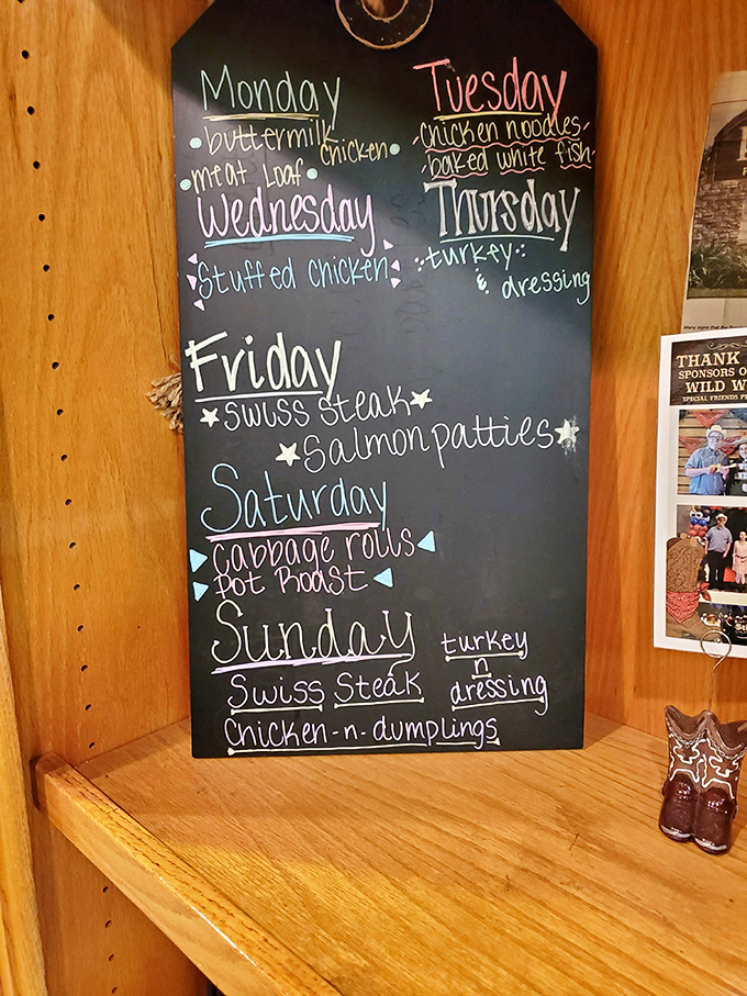 This chalkboard menu reads like a love letter to Midwestern comfort food, with daily specials that would make your grandmother nod in approval.