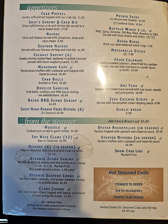 This menu isn't just a list of options—it's a treasure map where X marks the spot for "Hot Steamed Crabs."v