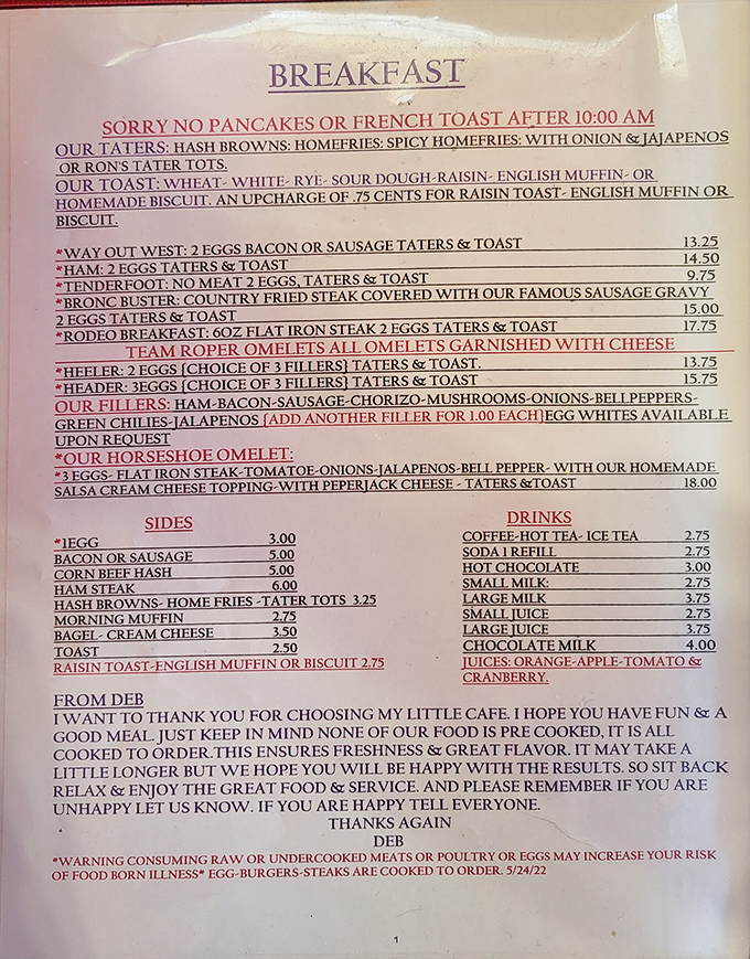 This menu isn't just a list of food&mdash;it's a roadmap to happiness with western-themed classics like the "Bronc Buster" and "Way Out West" breakfast.