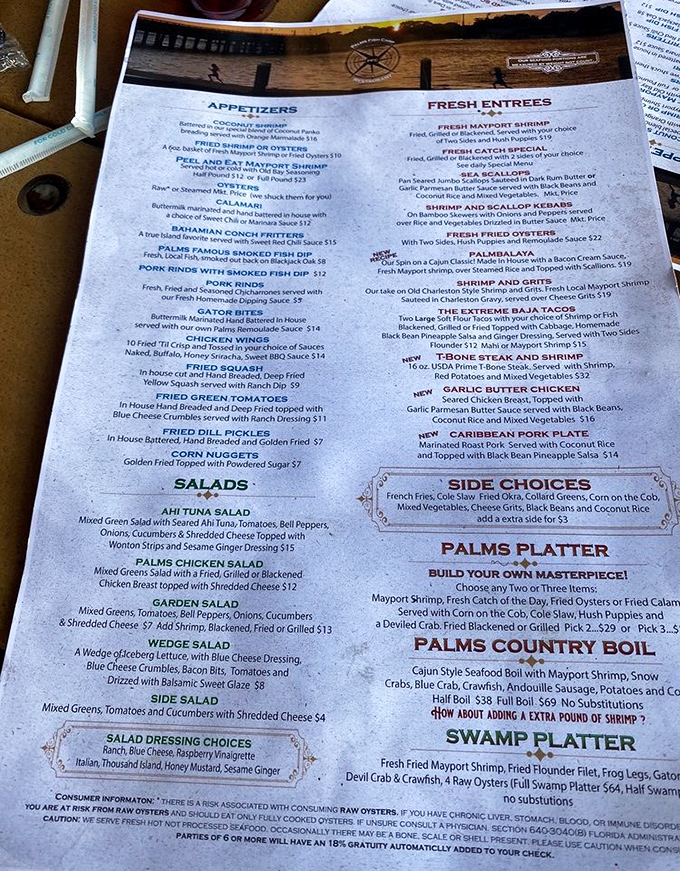 A menu that reads like a love letter to Florida's waters – from Mayport shrimp to gator bites, each offering tells a delicious story of the region.